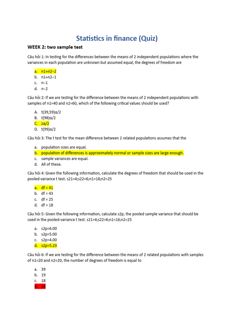 Finance Statistics Quiz | PDF | Analysis Of Variance | F Test