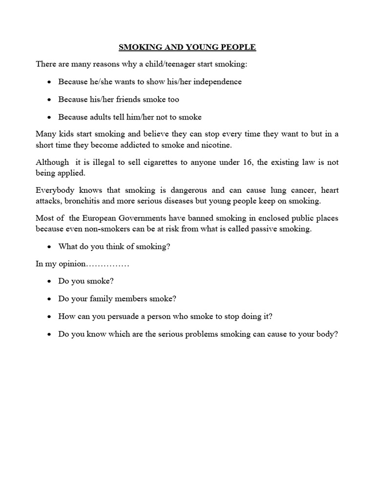 Smoking and Young People Reading Comprehension Exercises 2796 | PDF ...