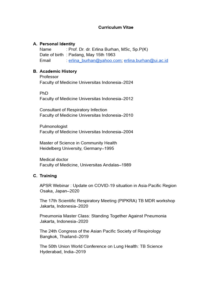 Prof. Erlina Burhan - CV | Download Free PDF | Pulmonology | Tuberculosis