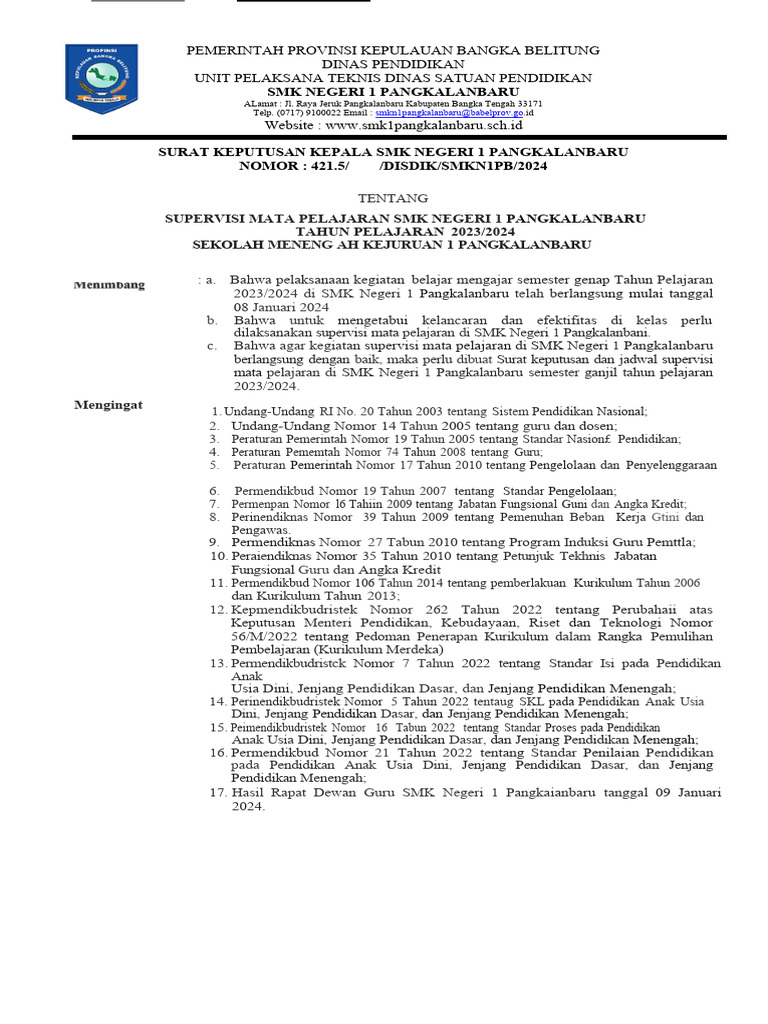 SK Tim Supervisi SMK1 PKB 2023-2024 | PDF