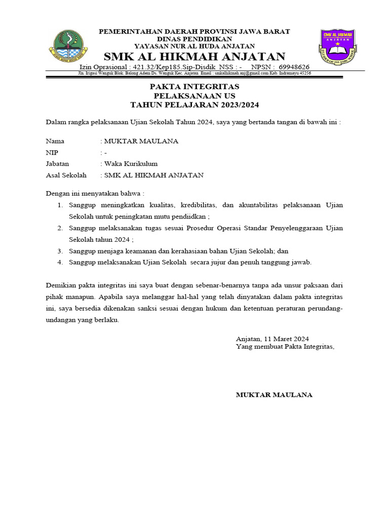 PAKTA-INTEGRITAS Panitia US | PDF