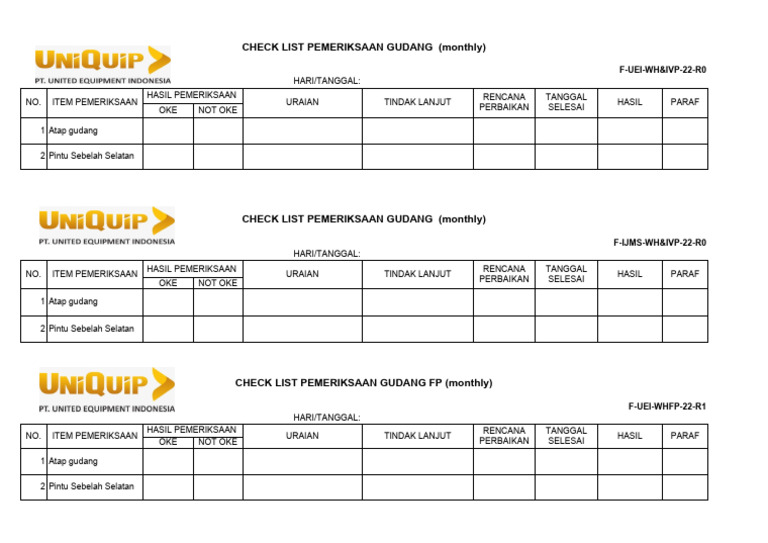 F-UEI-WH&IVP-22-Checklist Pemeriksaan Gudang Monthly | PDF