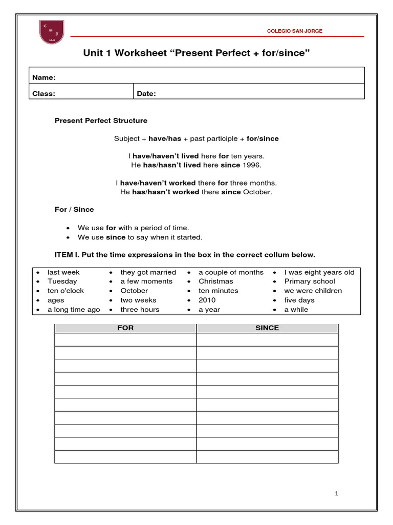 Worksheet 1 Present Perfect + For/since | PDF | Grammar | Linguistics