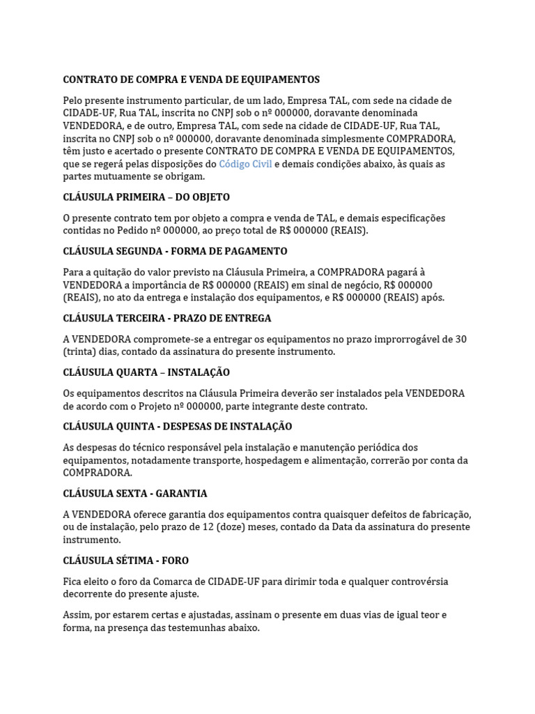 Modelo de Contrato de Compra e Venda de Equipamentos | PDF