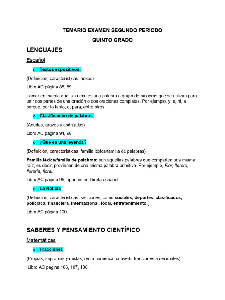 Temario Examen Segundo Periodo | PDF