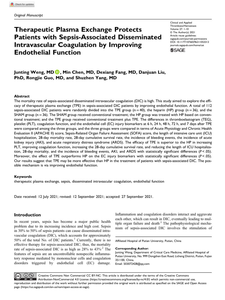 Therapeutic Plasma Exchange Protects Patients With Sepsis Associated ...