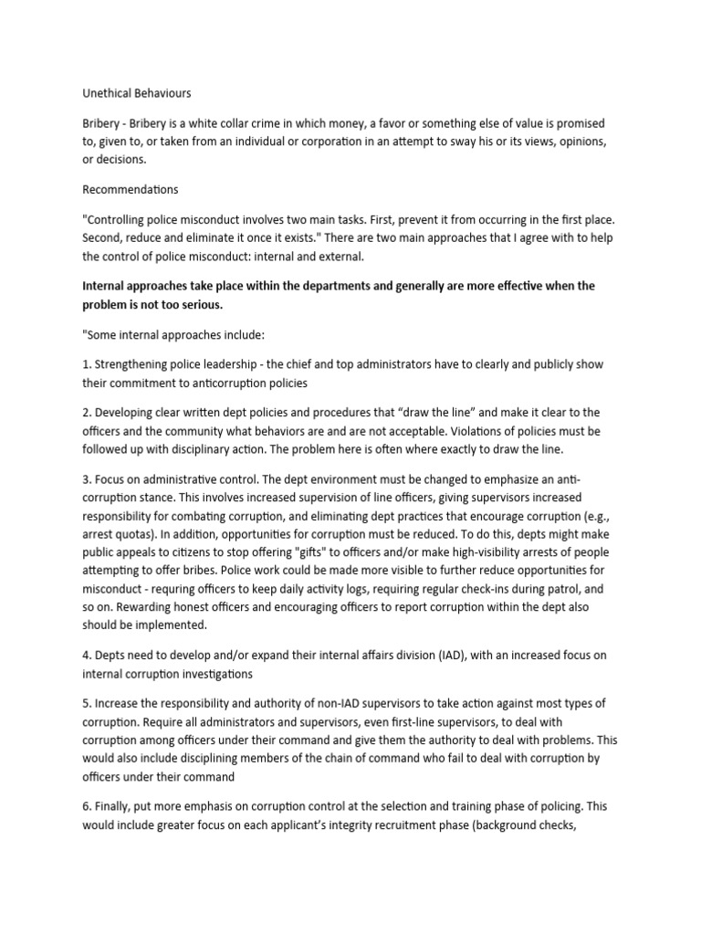 Unethical Behaviours | PDF | Police | Corruption
