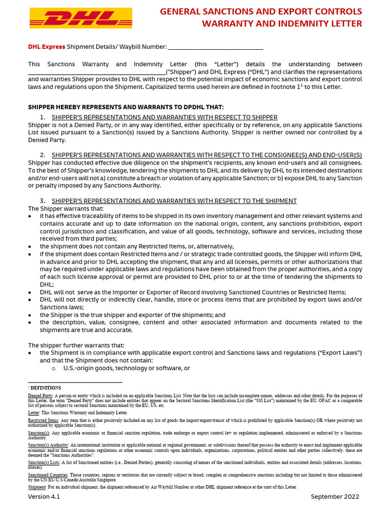Indemnity Letter DHL | PDF | Consignee | Indemnity