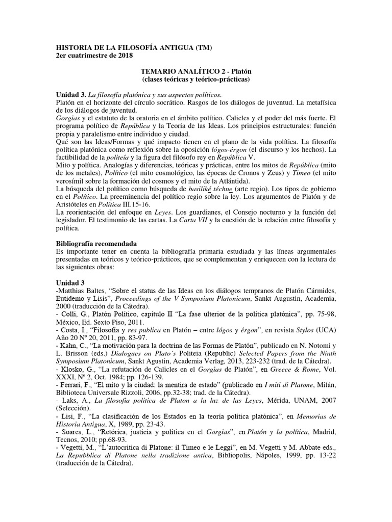 Temario B 2018 2C | PDF | Platón | Filosofía griega antigua