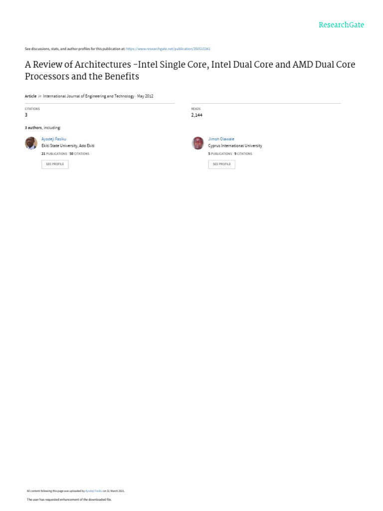 A Review of Architectures - Intel Single Core, Intel Dual Core and AMD Dual Core Processors and ...
