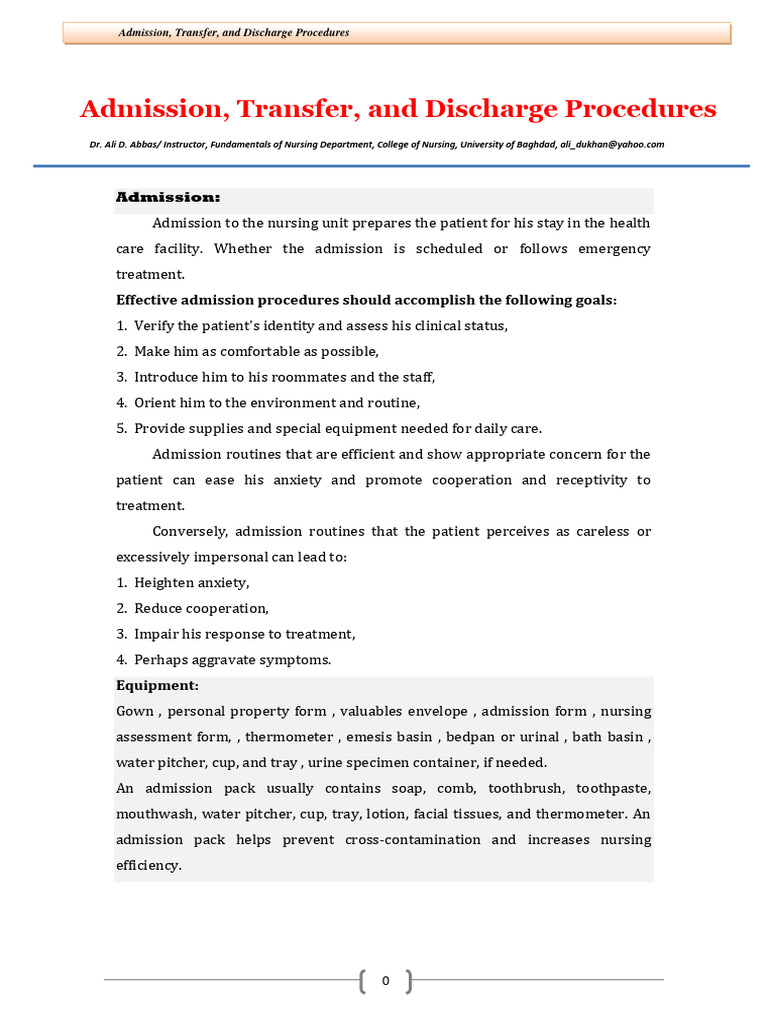 Admission, Transfer, and Discharge Procedures | PDF | Patient | Nursing