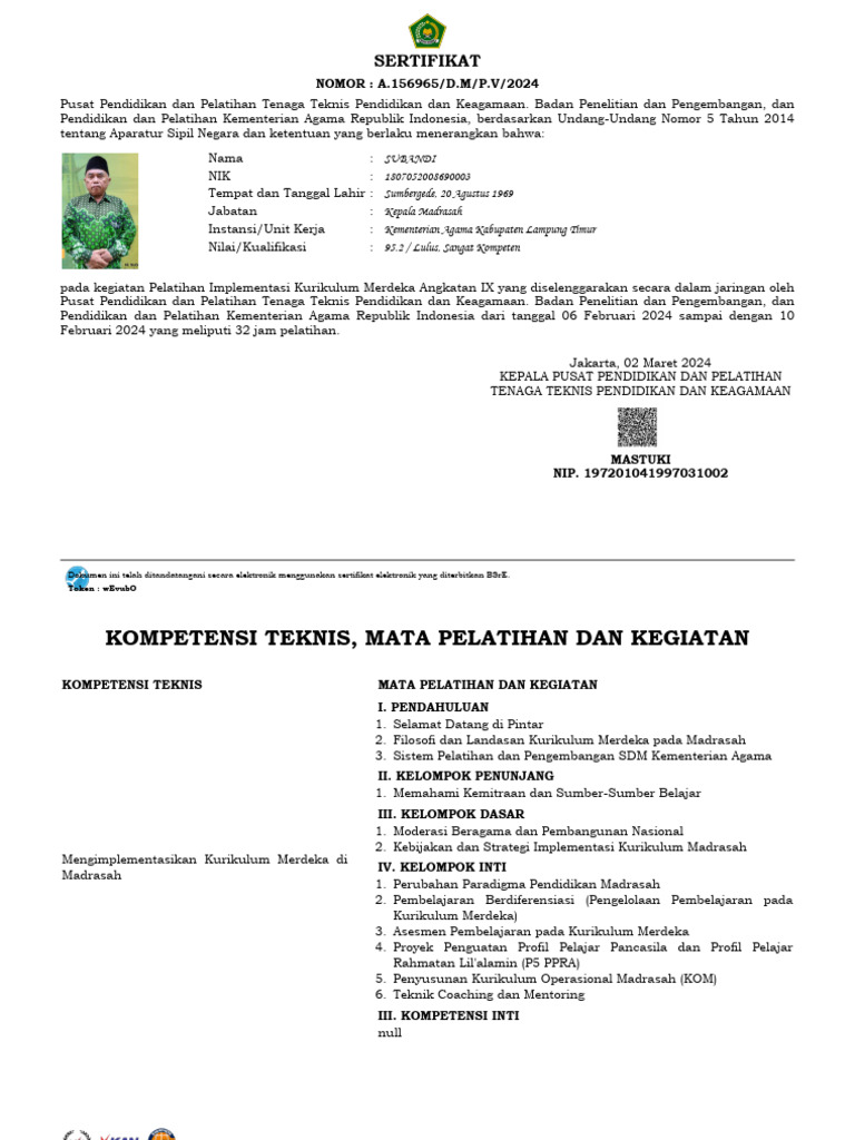 Sertifikat Pelatihan Implementasi Kurikulum Merdeka 10-03-2024 | PDF