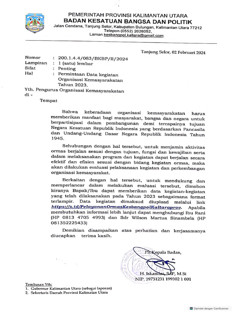 Surat Permintaan Data Kegiatan Ormas | PDF