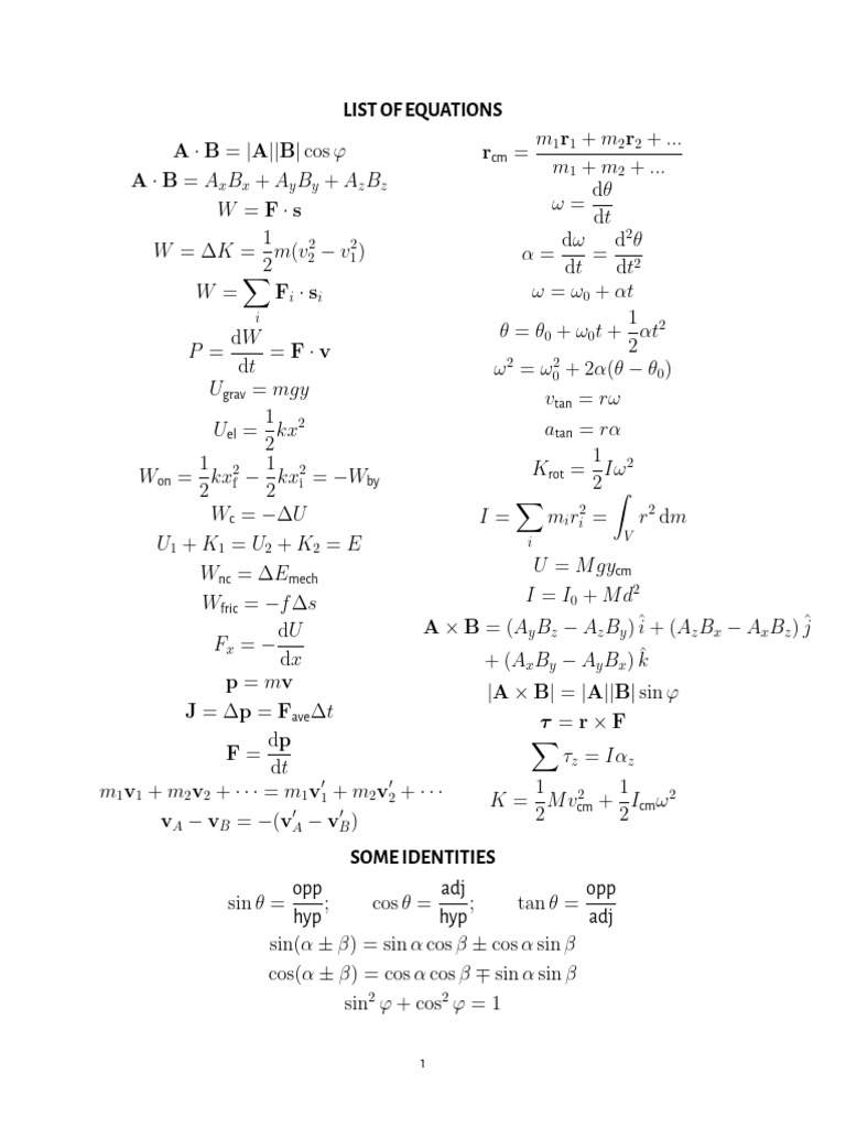 LE2 List of Equations | PDF | Geometry | Mechanics