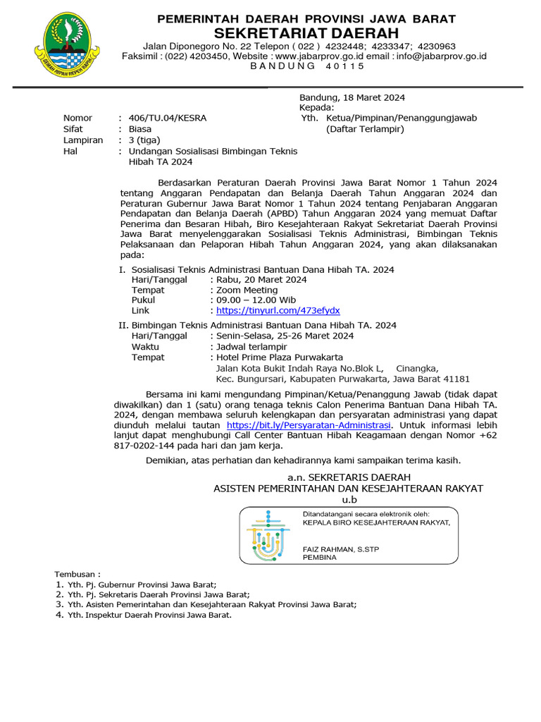 Surat Undangan Bimtek 2024 TGL 25-26 Maret 2024 Hotel Prime Plaza ...
