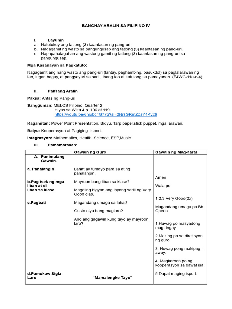 Banghay Aralin Sa Filipino Iv | PDF