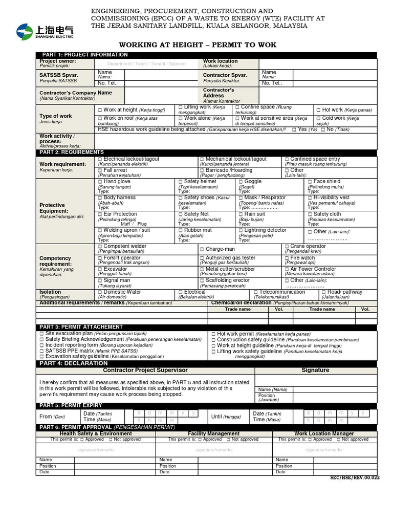 Work at Height Permit Form | PDF | Safety | Occupational Safety And Health