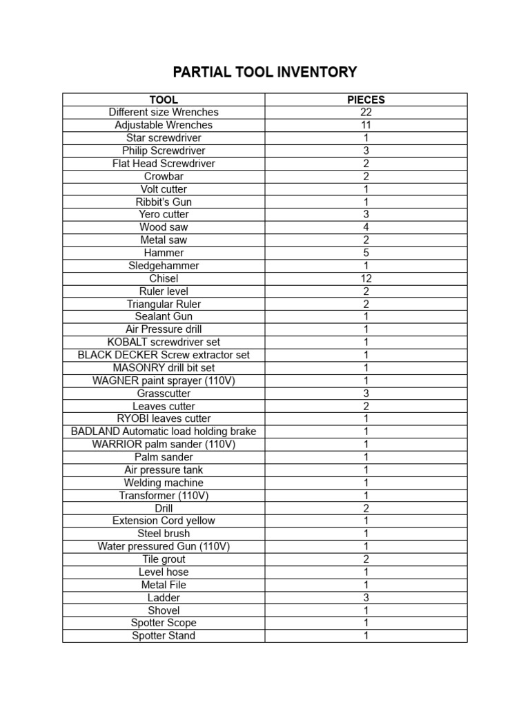 PARTIAL TOOL INVENTORY | PDF