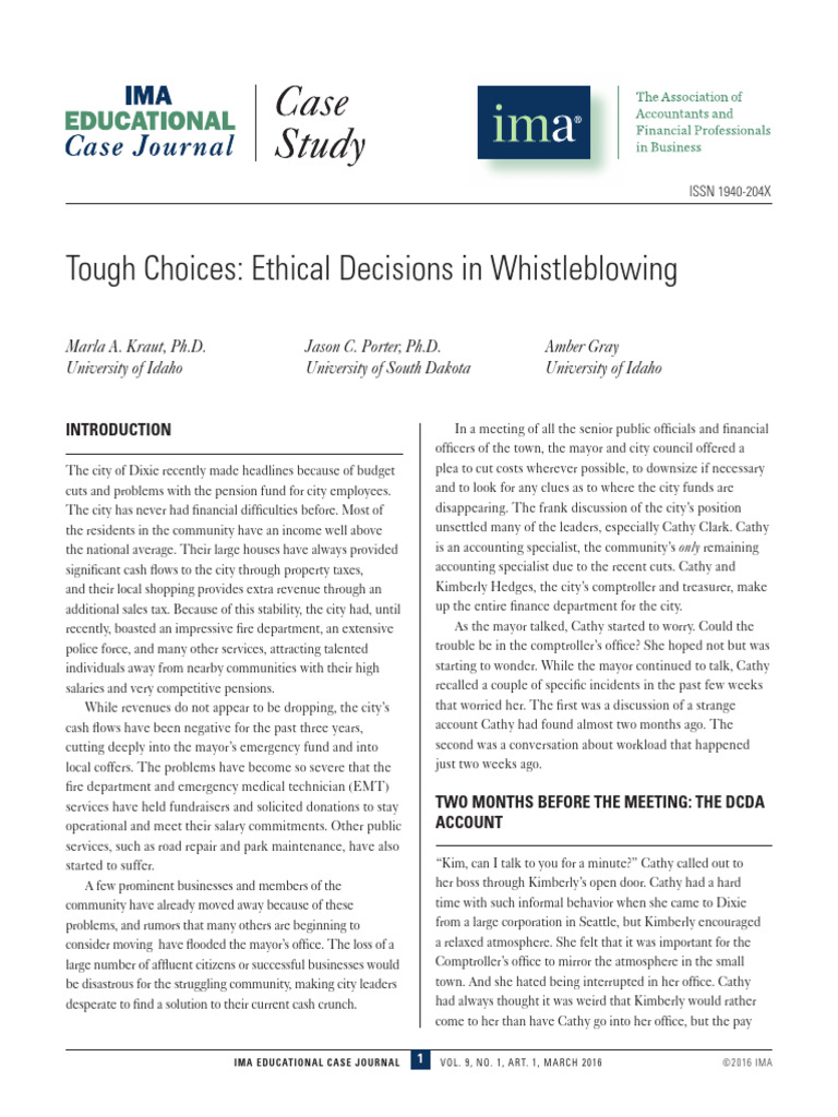 Tough Choices - Ethical Decisions in Whistleblowing | PDF