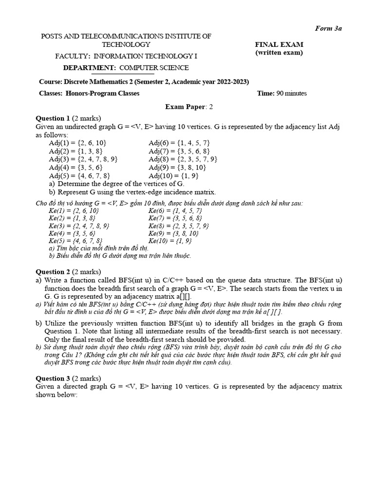 DiscreteMath2 HonorsProg2023 Qpaper 2 | PDF