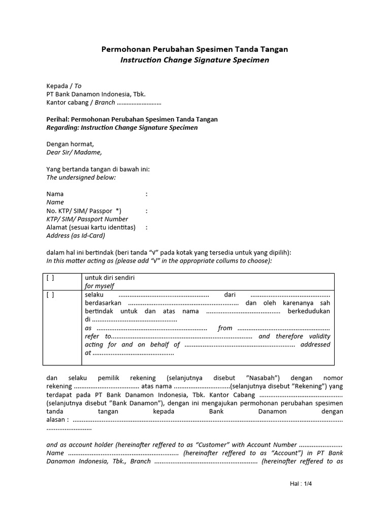 2 Surat Permohonan Perubahan Spesimen Tanda Tangan Bilingual Plain. | PDF