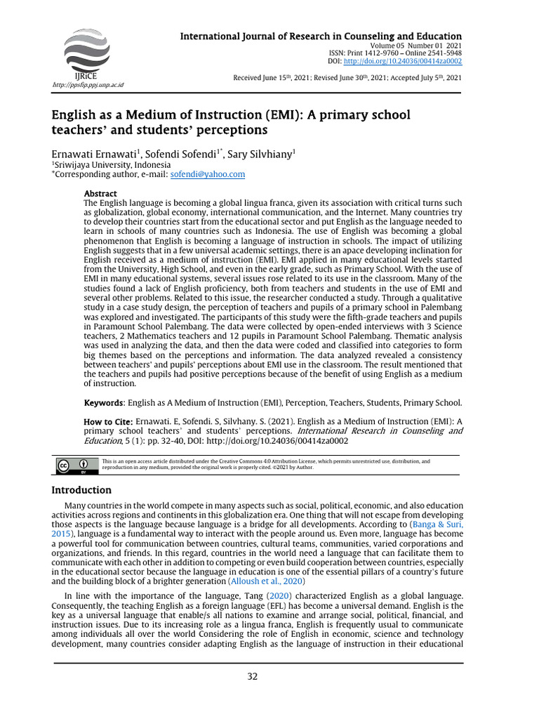 English As A Medium of Instruction (EMI) - A Primary School Teachers ...