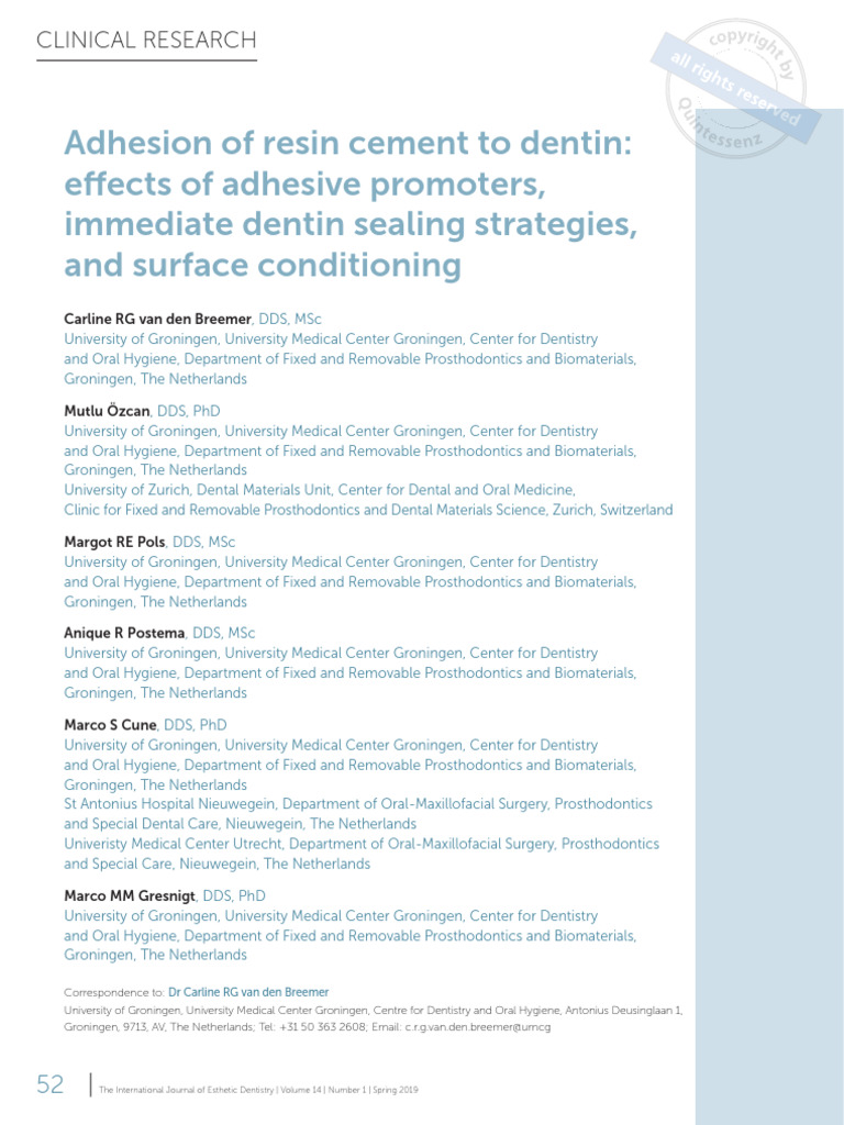Adhesion of Resin Cement To Dentin Effects of Adhesive Promoters ...