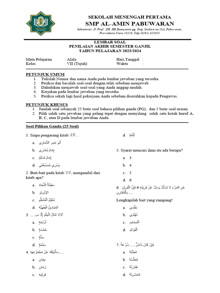 Soal Madin Alala Kelas 7 | PDF