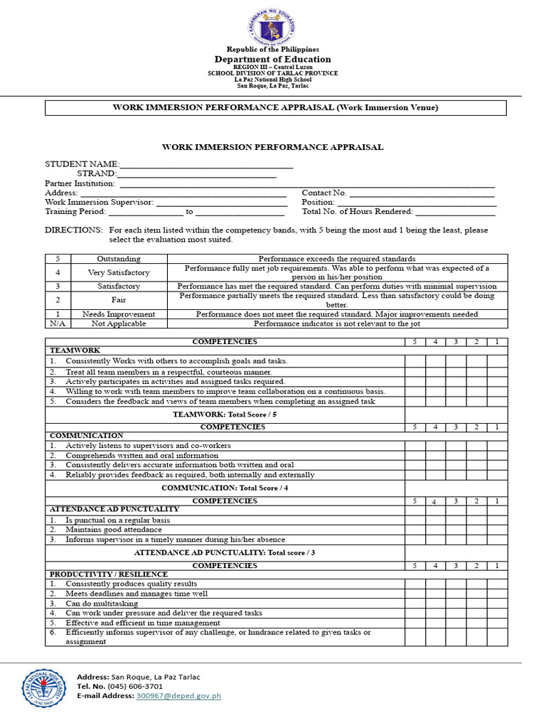 Work Immersion Performance Appraisal | PDF