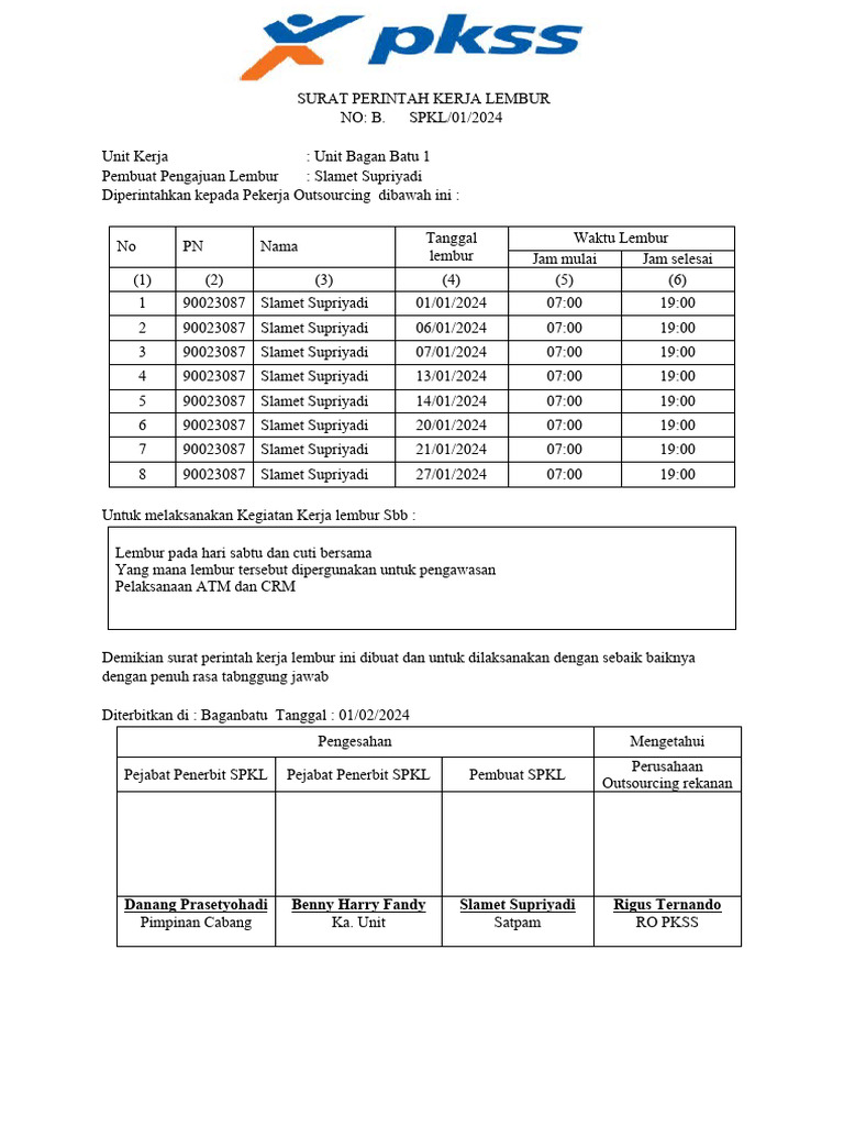 Surat Perintah Kerja Lembur 2024 | PDF