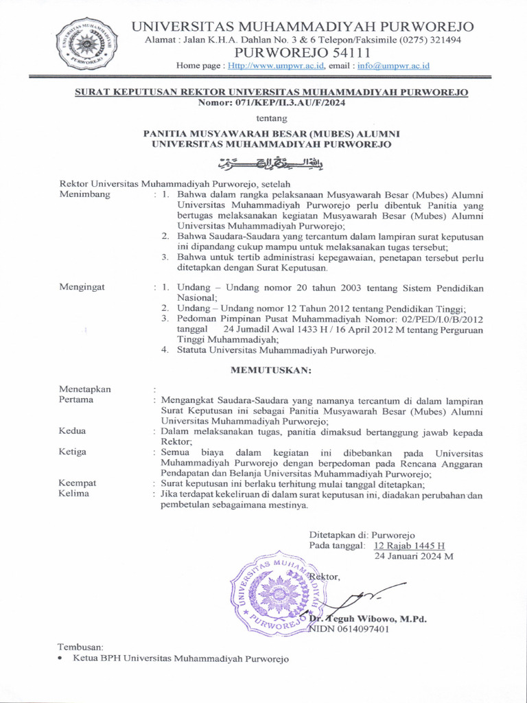 SK Panitia MUBES ALUMNI Universitas Muhammadiyah Purworejo | PDF