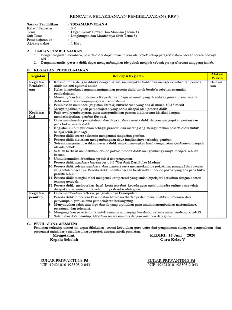 RPP Daring Kelas 5 Tema 1 ST 3 | PDF