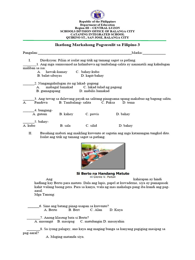 3RD Periodical Test in Filipino 3 | PDF