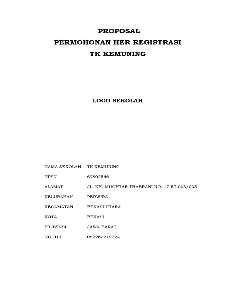 FIX TERBARU CONTOH FORMAT PROPOSAL PERMOHONAN HER REGISTRASI PAUD (TK,KB,SPS,TPA) | PDF