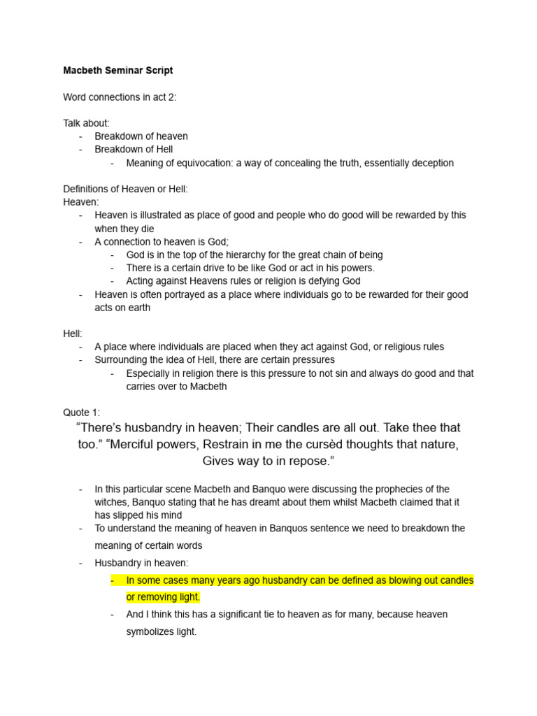 Macbeth Seminar Script | PDF | Macbeth | Heaven
