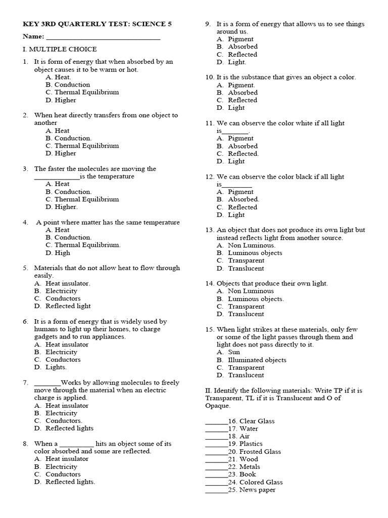 Science 5 Third Quarterly Test Reviewer | PDF | Thermal Conduction | Light
