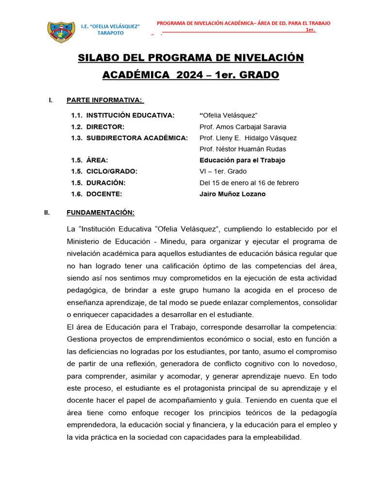 SILABUS 1er y 2do. Grado 2024 - JAIRO MUÑOZ LOZANO | PDF | Crecimiento personal y profesional