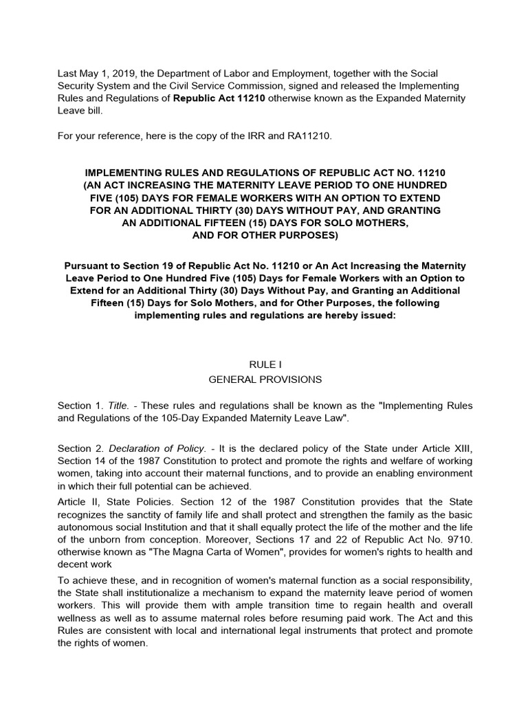 IRR - Expanded Maternity Leave Bill | PDF