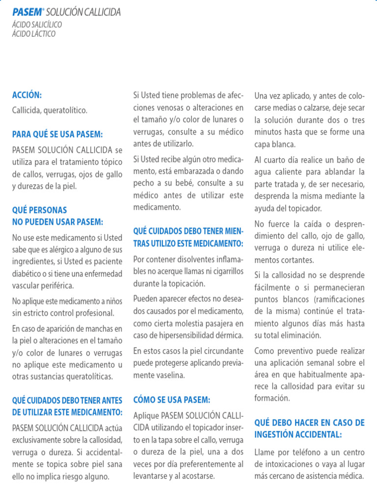 Pasem Soluc Callicida Prospecto | PDF | Medicamentos con receta | Medicina