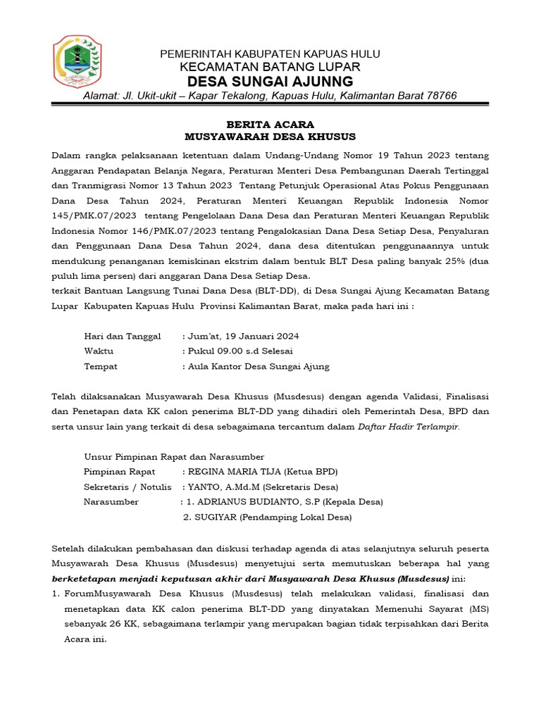 Berita Acara BLT DD 2024 | PDF