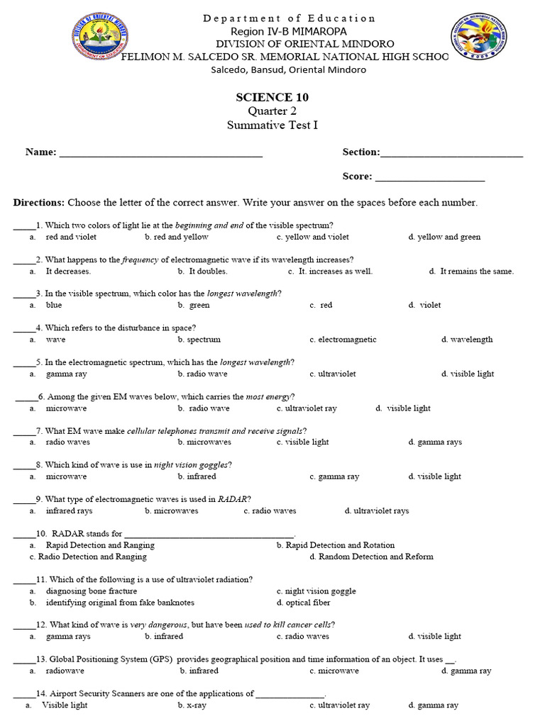 Summative Test 1 Grade 10 W1-2 em Waves Forms and Effects Noted by ...