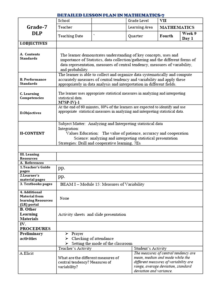 Detailed Lesson Plan in Mathematics | PDF | Statistics | Learning