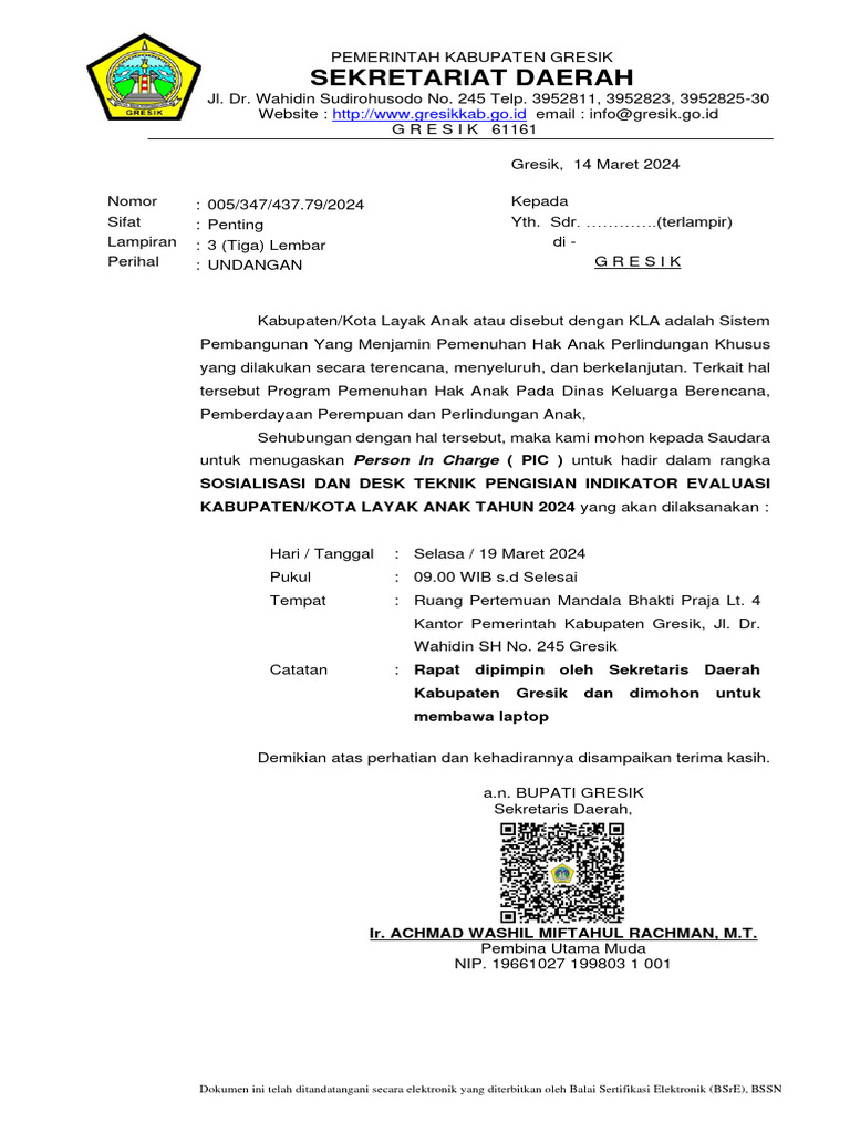 347 Undangan Rakor Gugus Tugas KLA 2024 | PDF