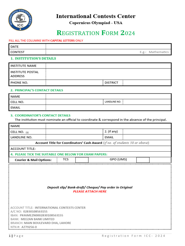 ICC Student Registration Form 2024 | PDF | Cheque | Service Industries