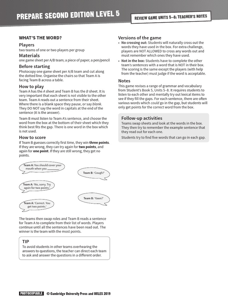 PREPARE 5 Review Game Units 05-08 | PDF