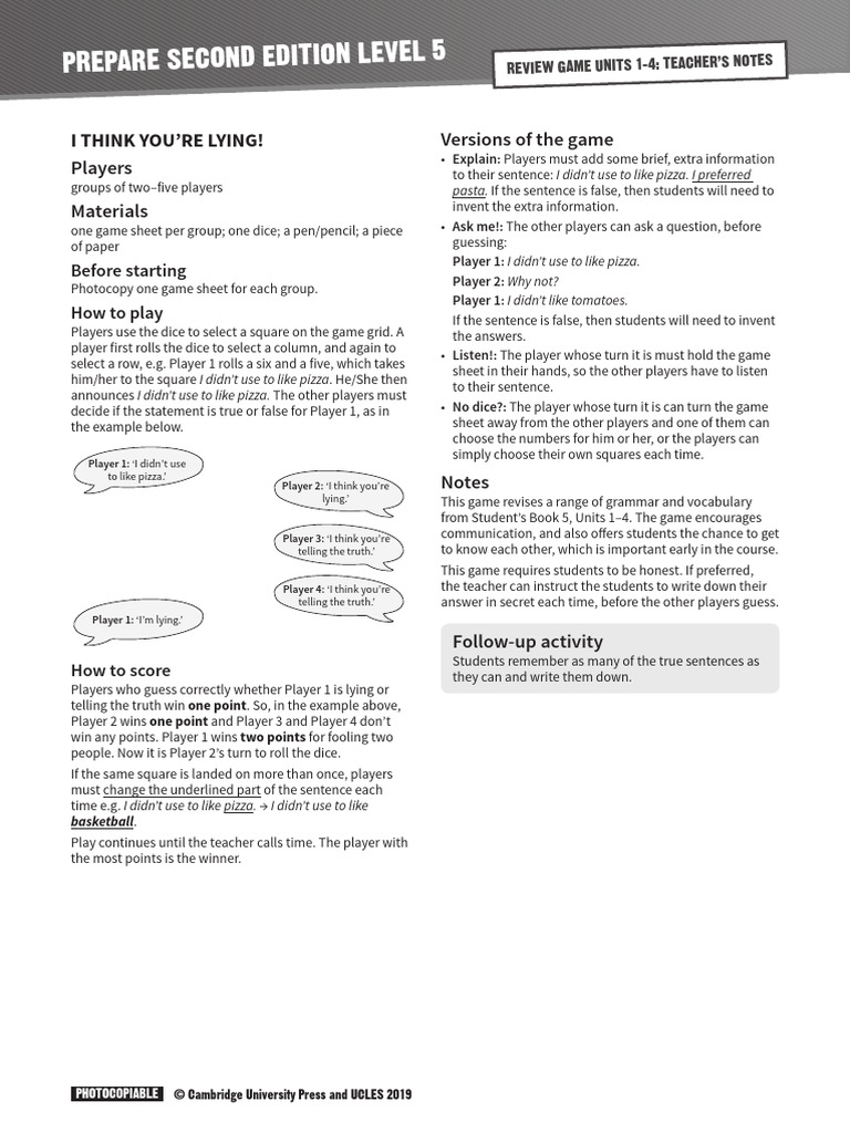 PREPARE 5 Review Game Units 01-04 | PDF