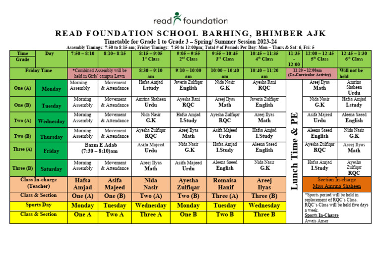 Standard Timetable For Grade 1 To 3 - Session 2023-24 | PDF