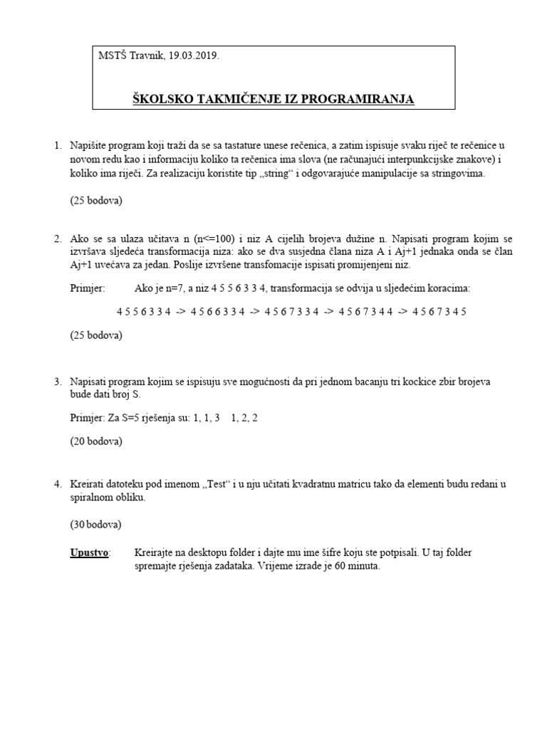 Školsko Takmičenje Iz Programiranja 2019 Zadaci | PDF