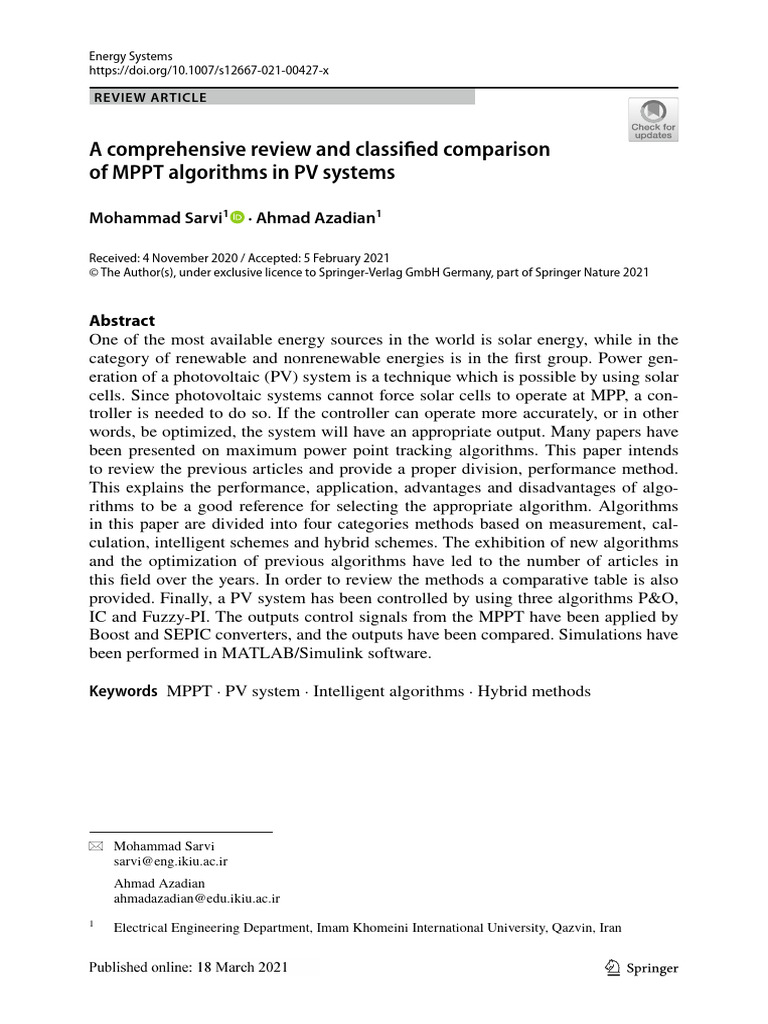 3-A Comprehensive Review and Classified Comparison of MPPT Algorithms in PV Systems-21 | PDF ...