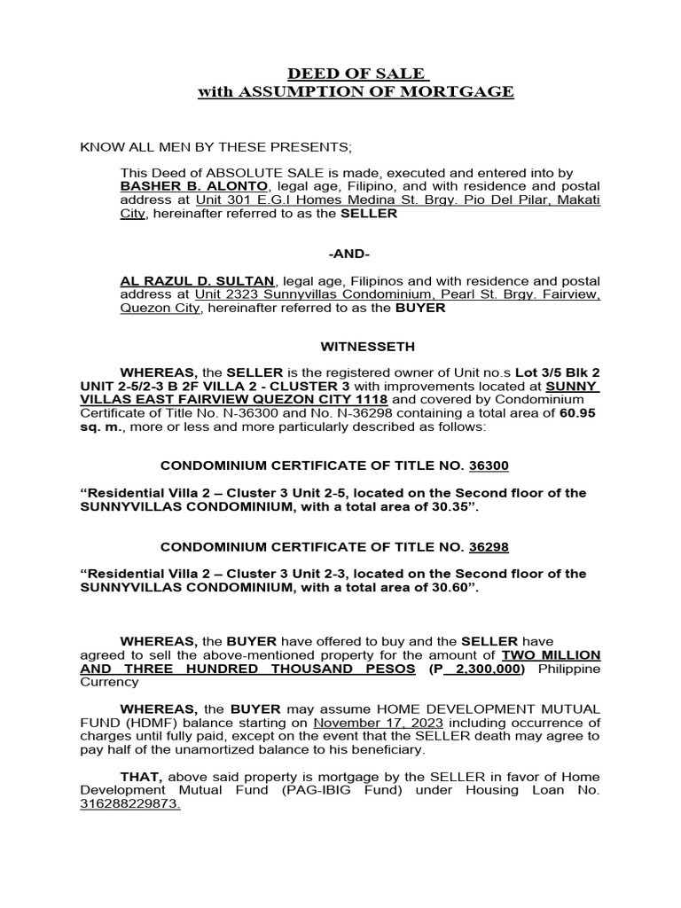 Deed of Sale With Assumption of Mortgage | PDF | Mortgage Law | Land Law